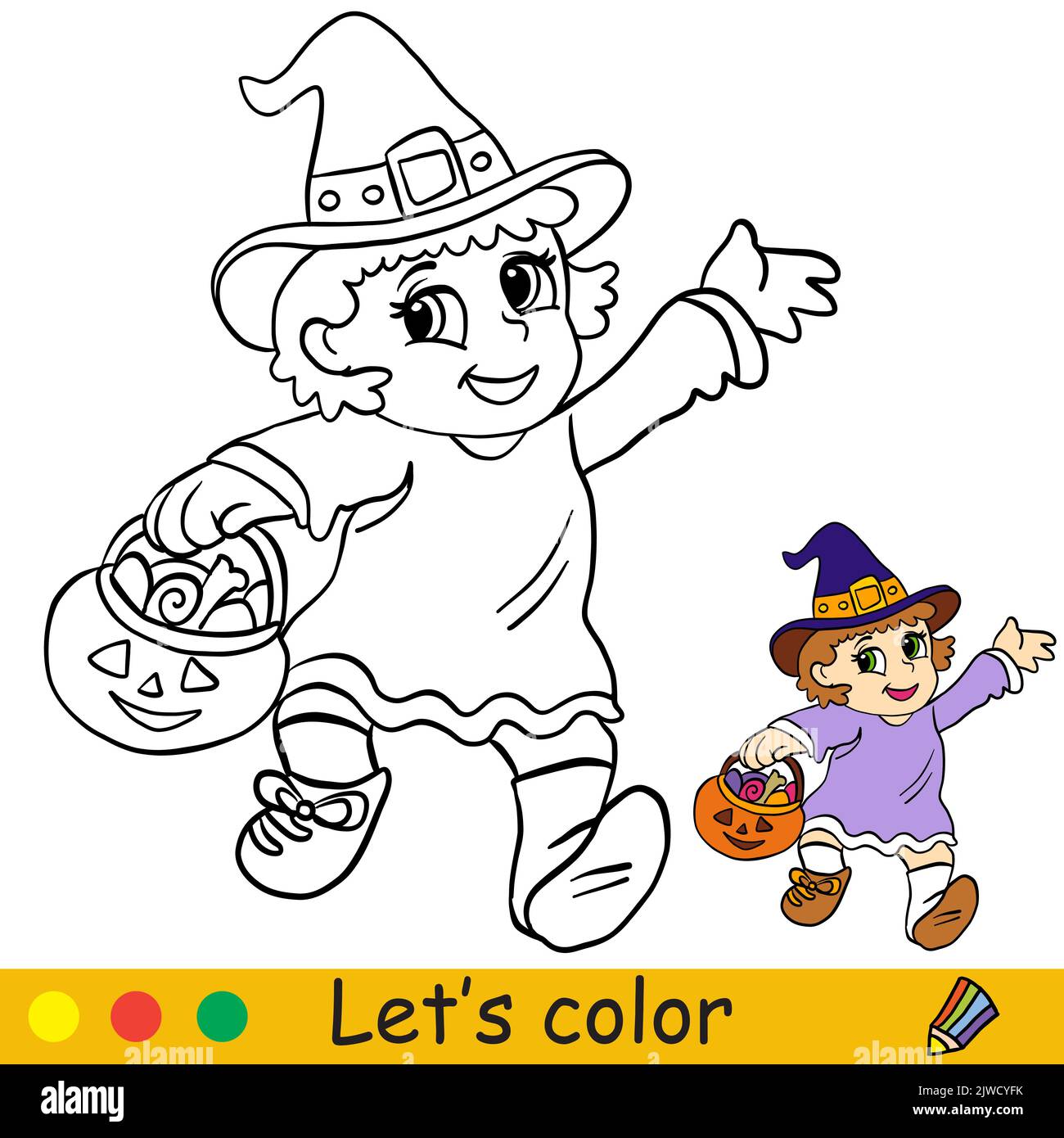 Cute little witch with sweets in a pumpkin bag. Halloween concept ...