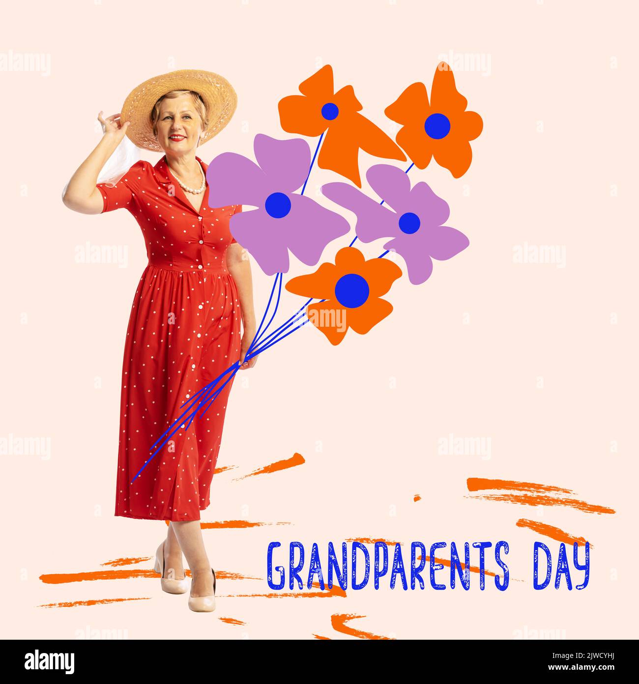 Middle age stylish woman, modern grandmother expresses happy, positive ...