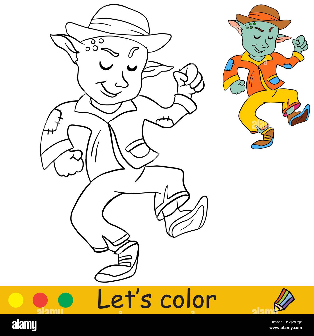 Cute little dancing monster man in the hat. Halloween concept. Coloring ...