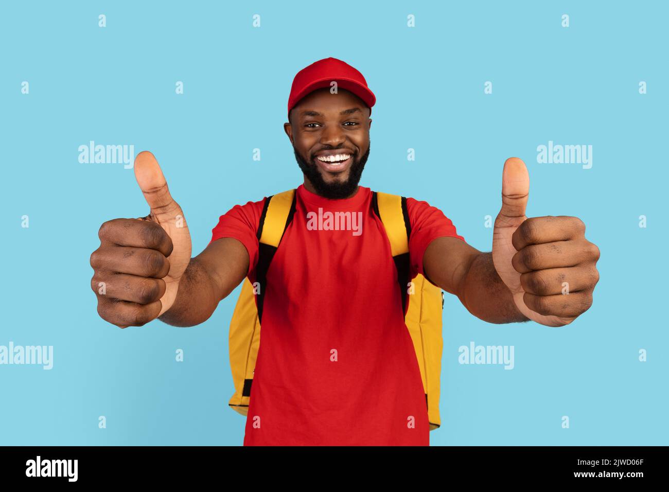 Best Delivery Service. Happy Black Courier Wearing Thermo Backpack ...