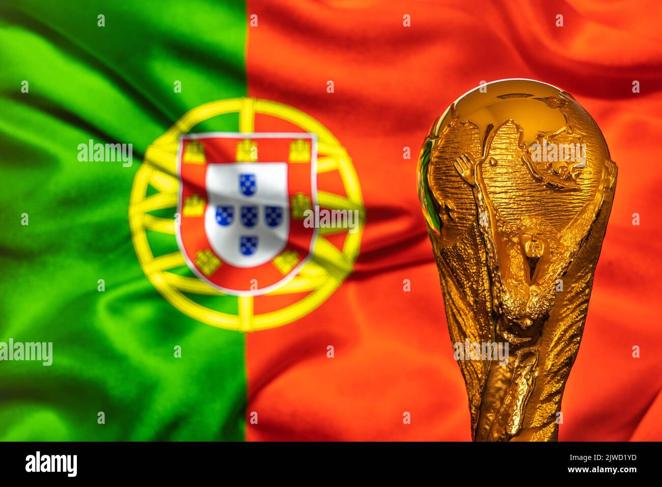 Doha, Qatar - September 4, 2022: FIFA World Cup trophy against the ...