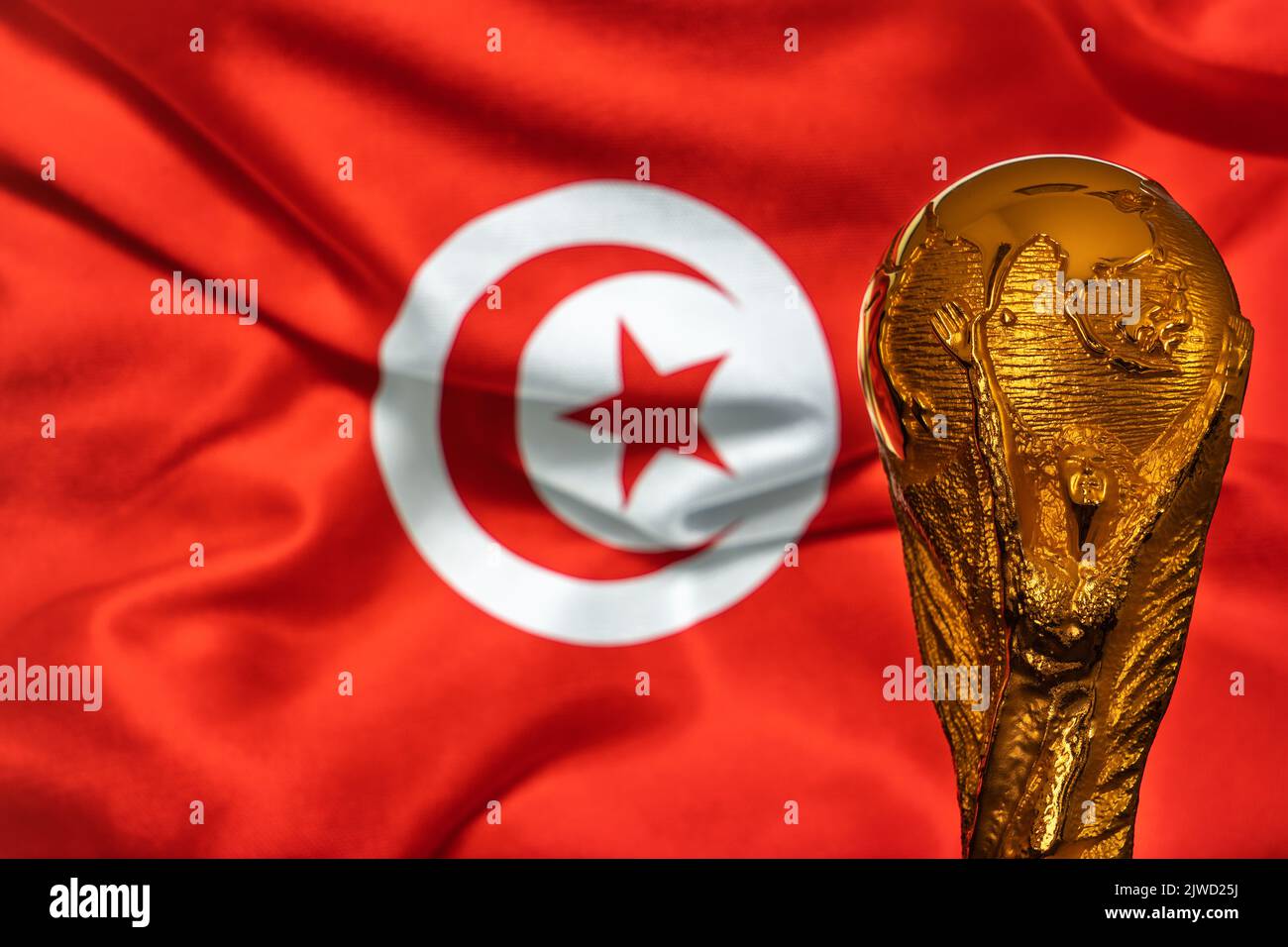 Doha, Qatar - September 4, 2022: FIFA World Cup trophy against the ...