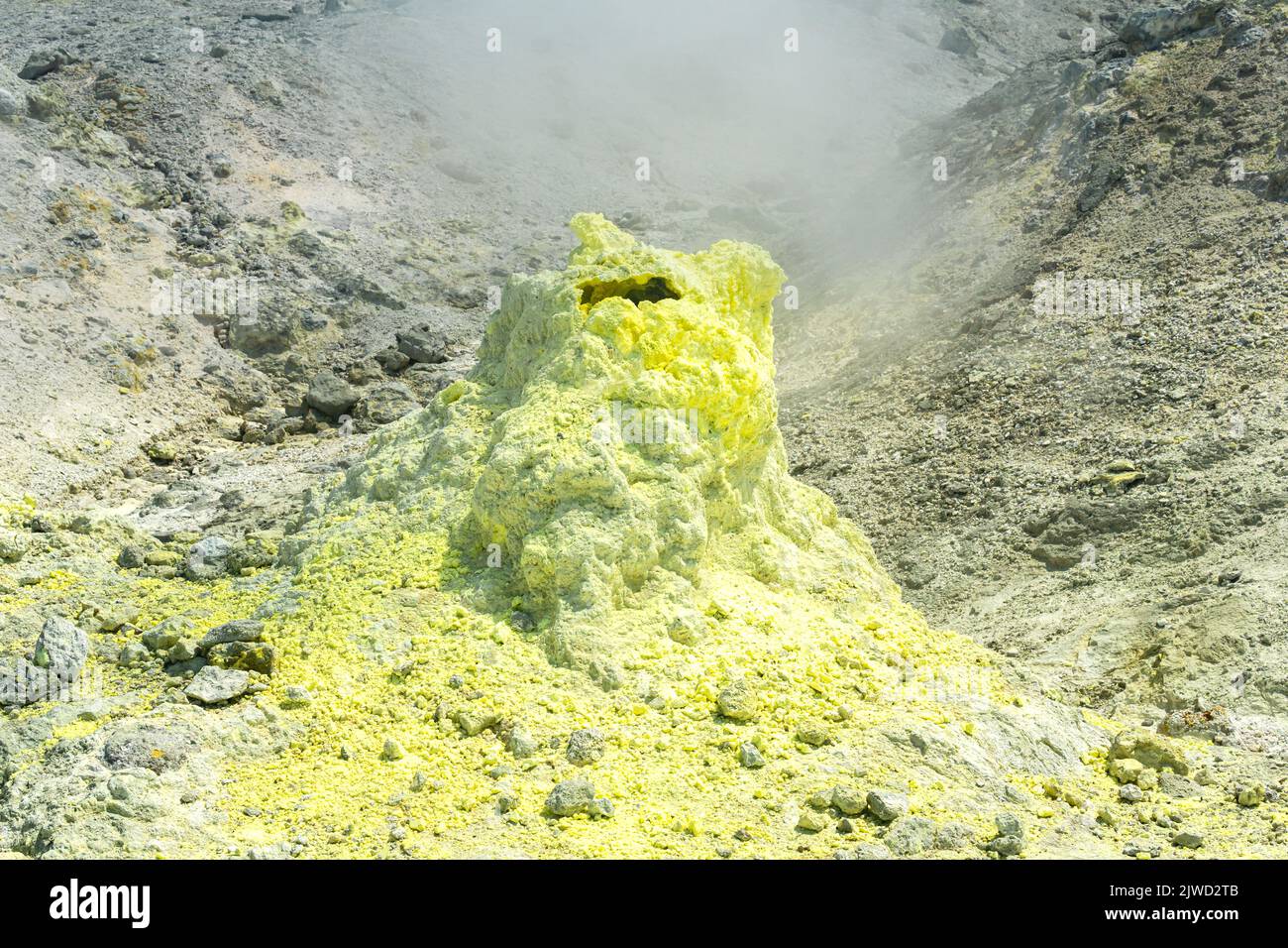 cone of sulfur deposits around a fumarole in a solfataric field Stock ...