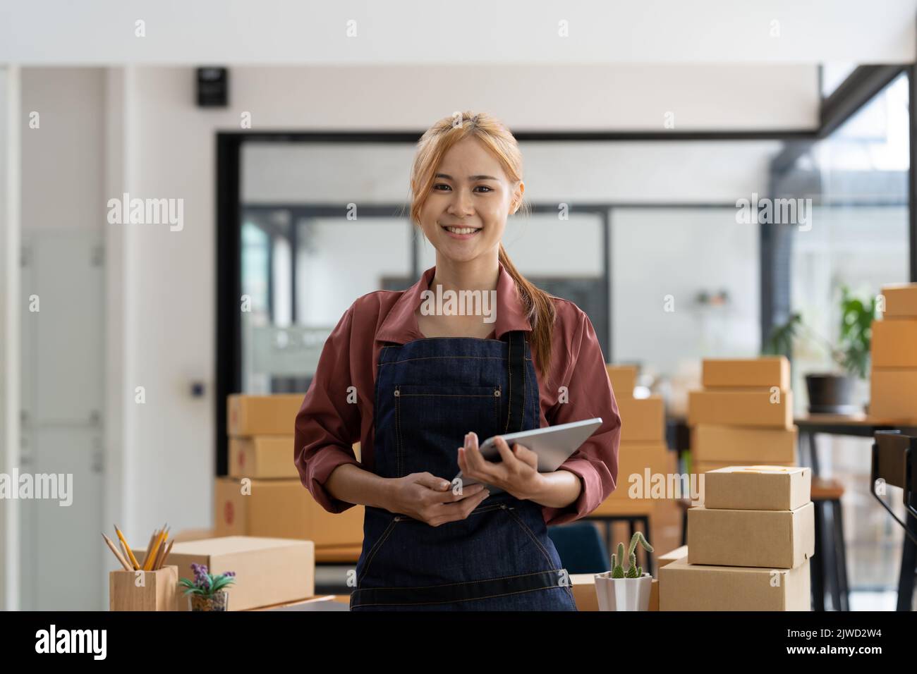 Portrait young attractive asia female owner startup business look at ...