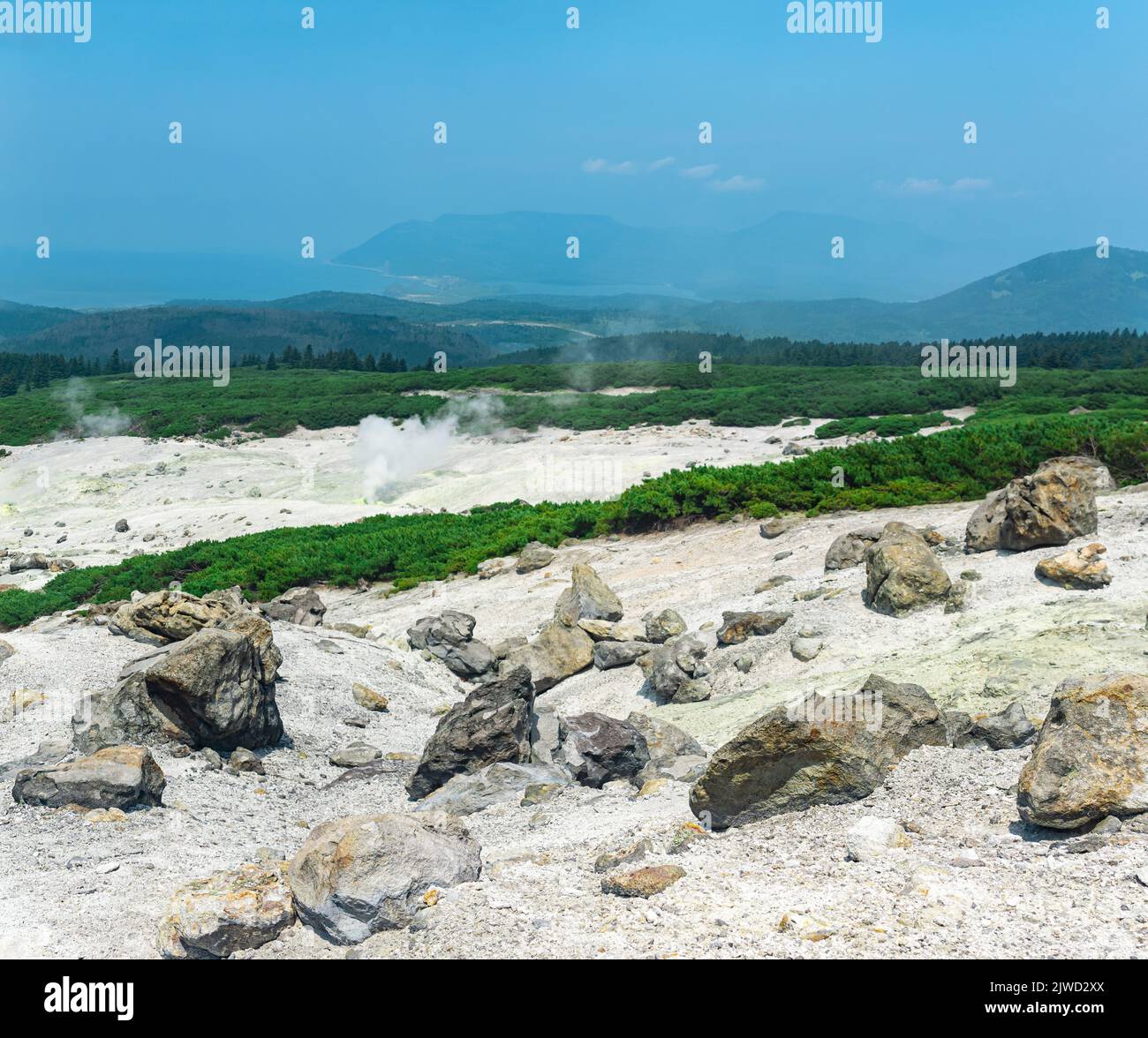 fumarole field on the slope of Mendeleev volcano on Kunashir island ...