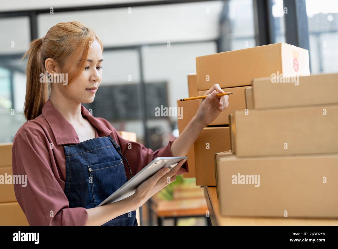 Young attractive asian woman owner startup business look at camera work ...