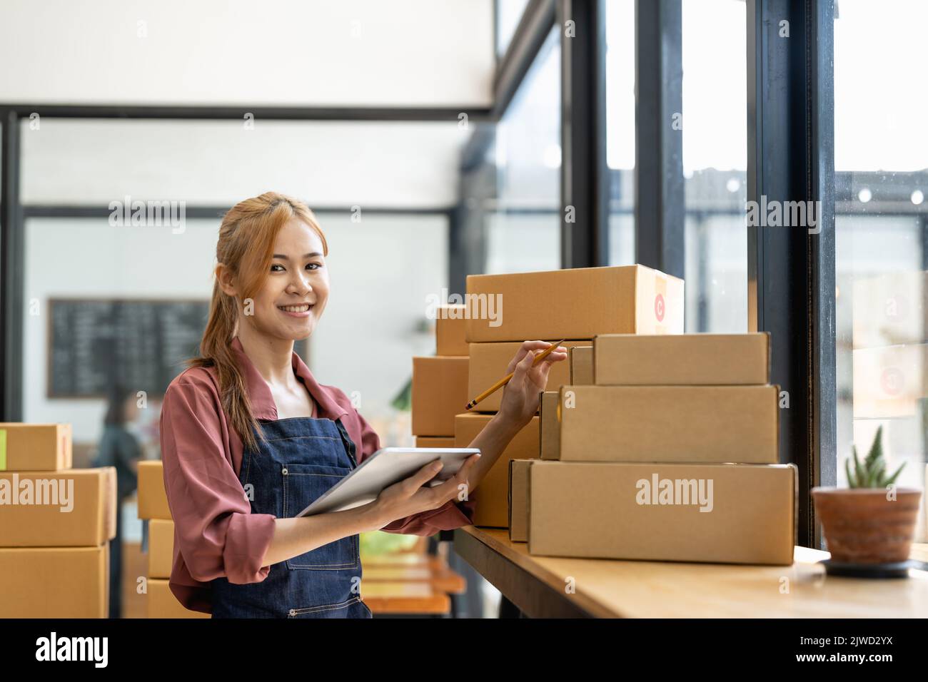 Young attractive asian woman owner startup business look at camera work ...