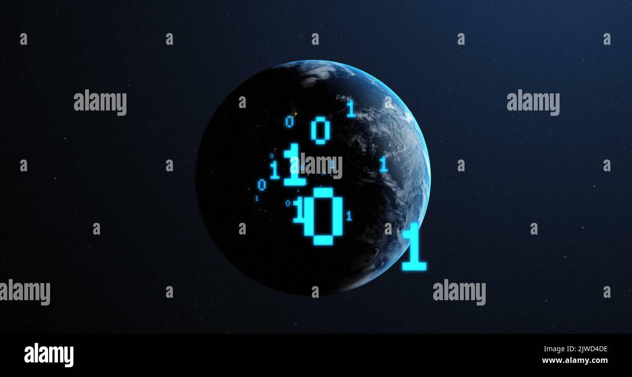 Image of binary coding and globe on black background. global technology and digital interface ...