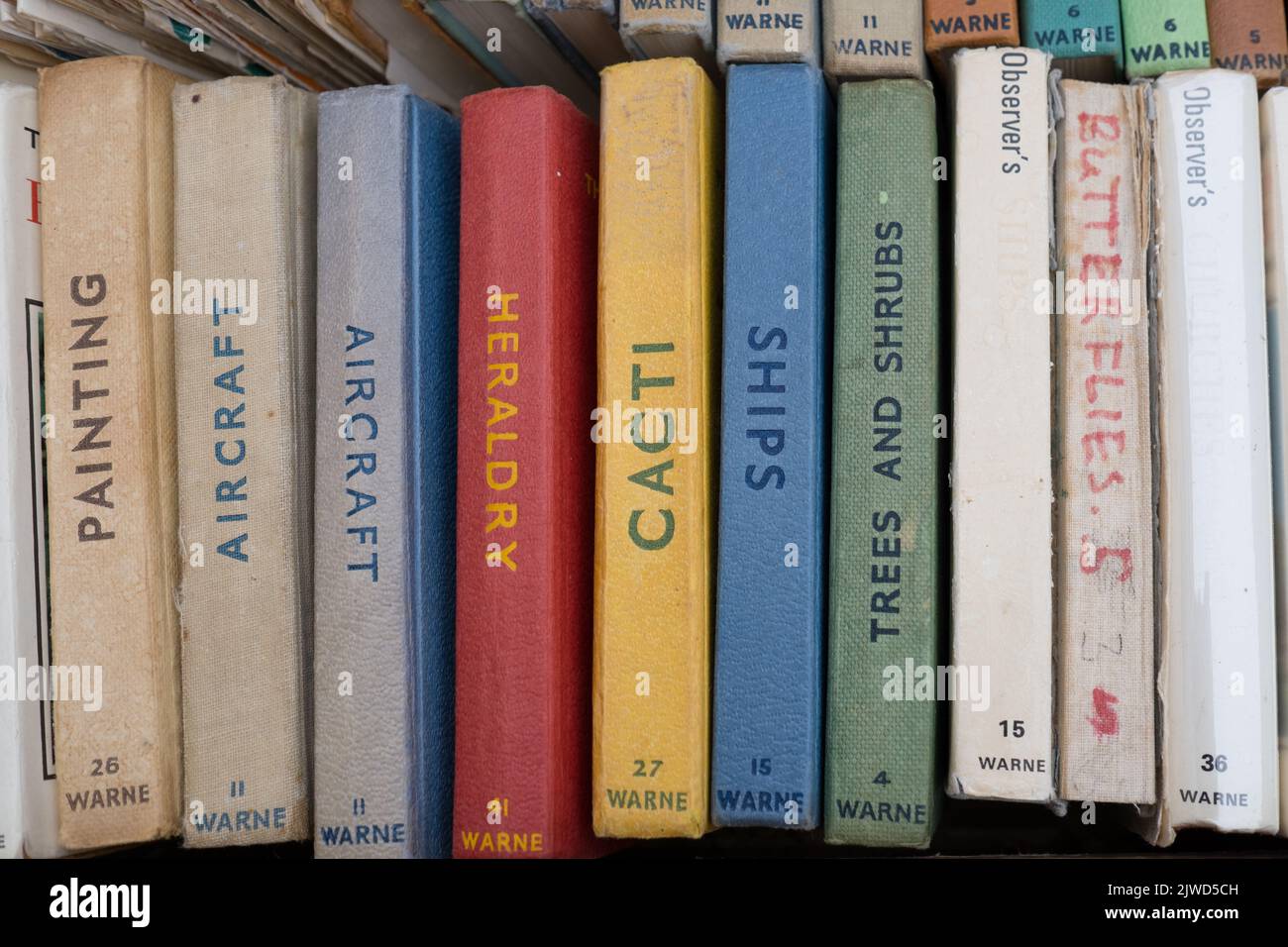 Small reference books lined up in an antique store Stock Photo - Alamy