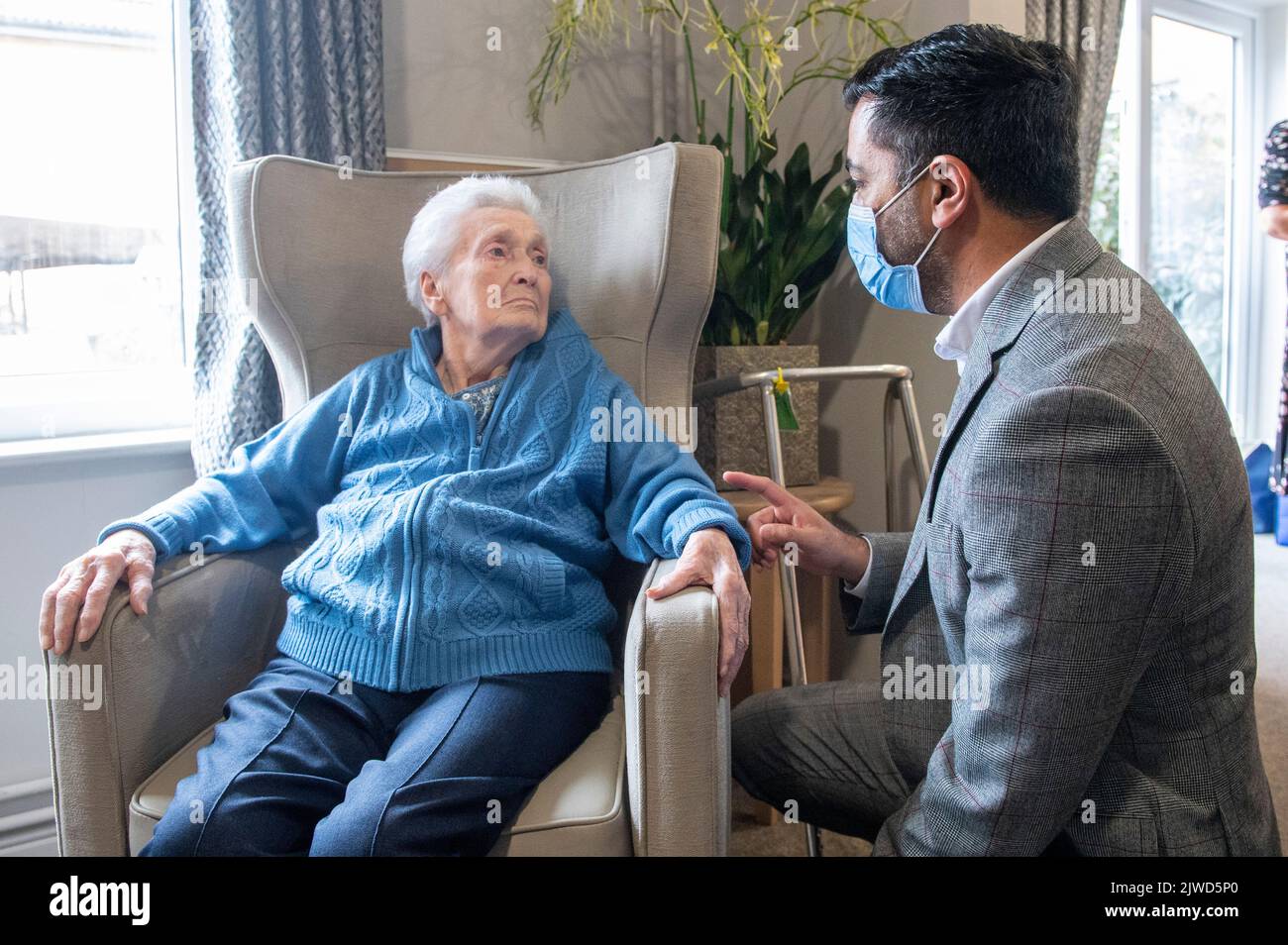 Health Secretary Humza Yousaf meets Agnes Taylor, 93, during a visit to ...