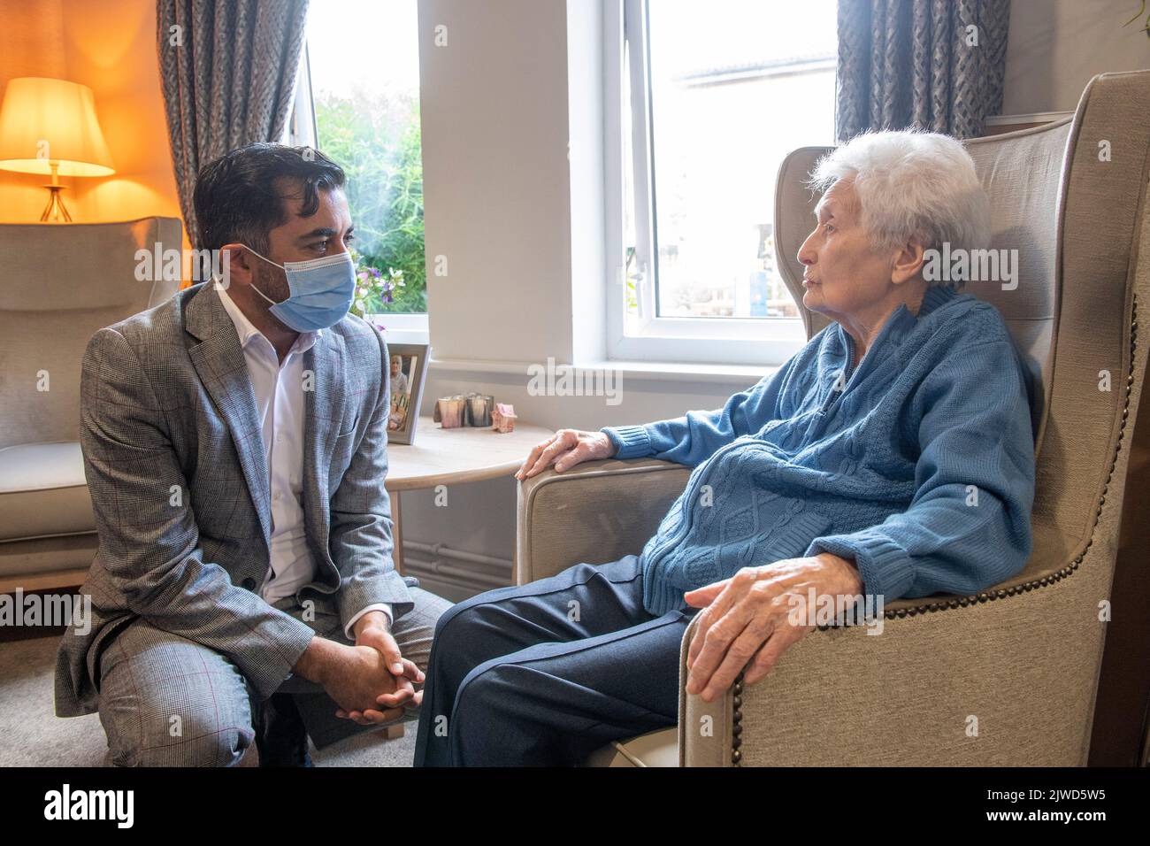 Health Secretary Humza Yousaf meets Agnes Taylor, 93, during a visit to ...