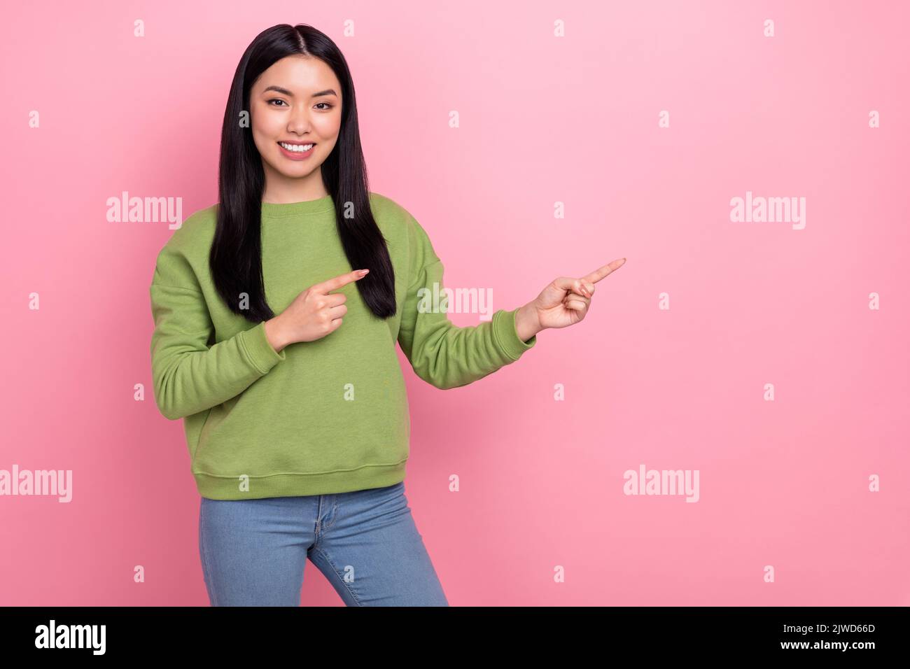 Photo of nice millennial lady index promo wear green sweatshirt ...