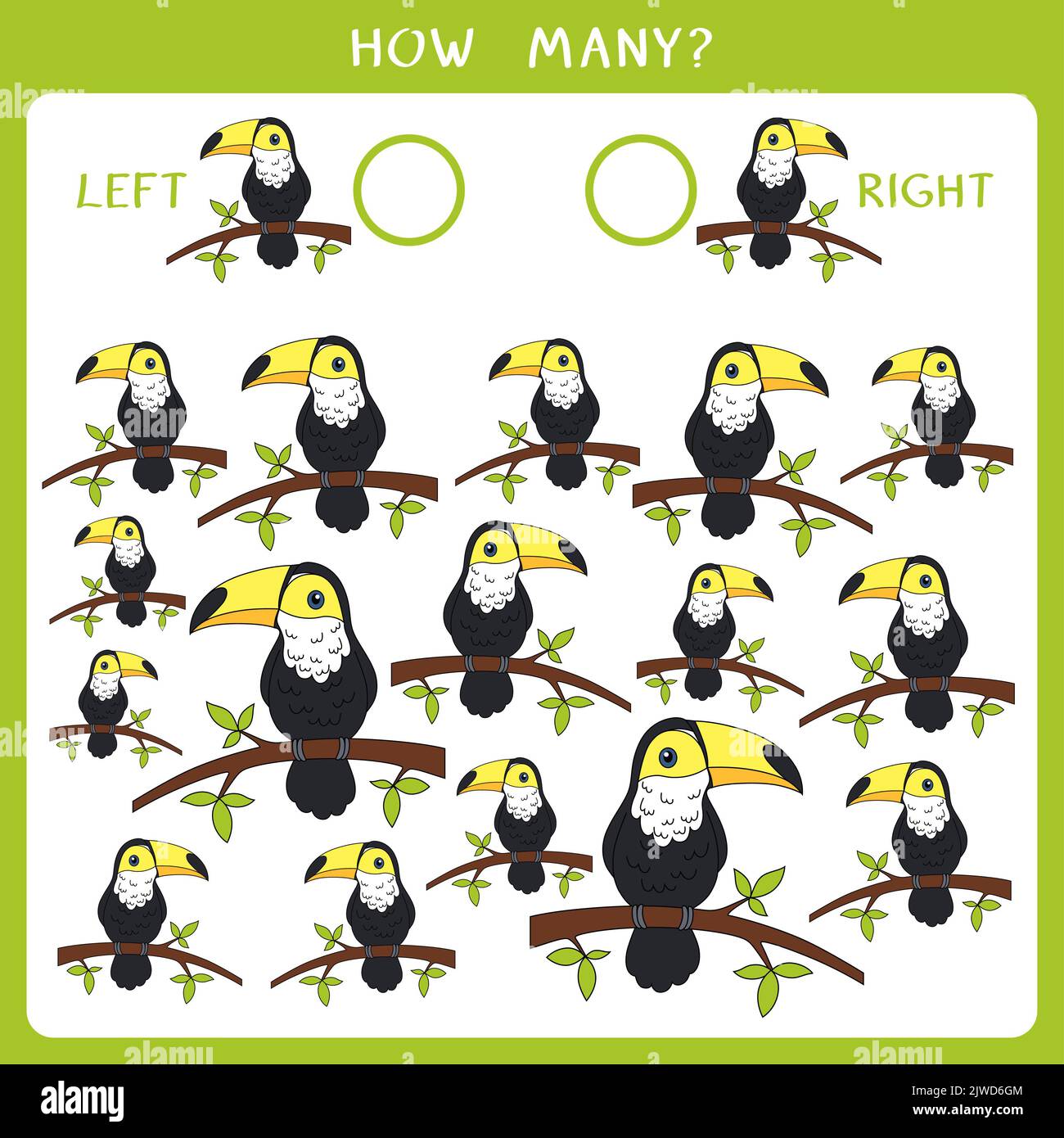 Simple educational game for kids. Count how many birds look to the left ...