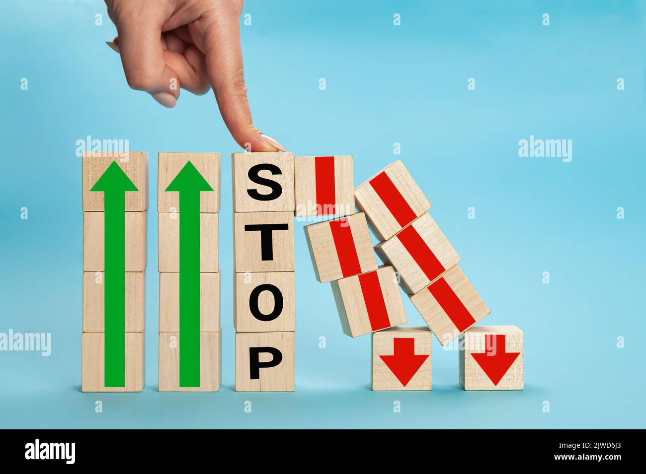 Stop wording print on wooden block cube protect wooden falling domino ...