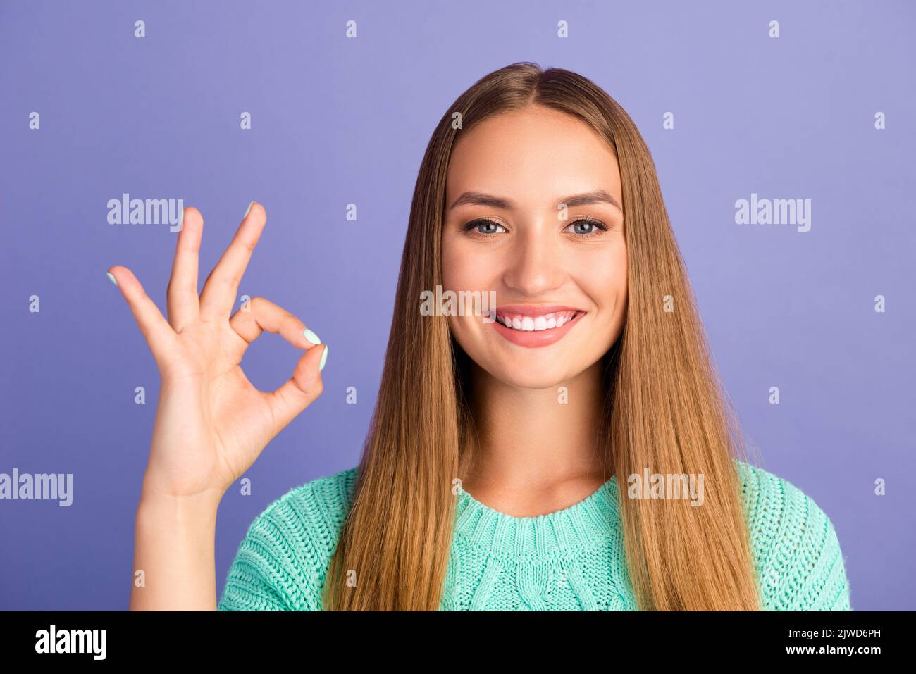 Photo of nice charming person arm fingers demonstrate okey approve ...