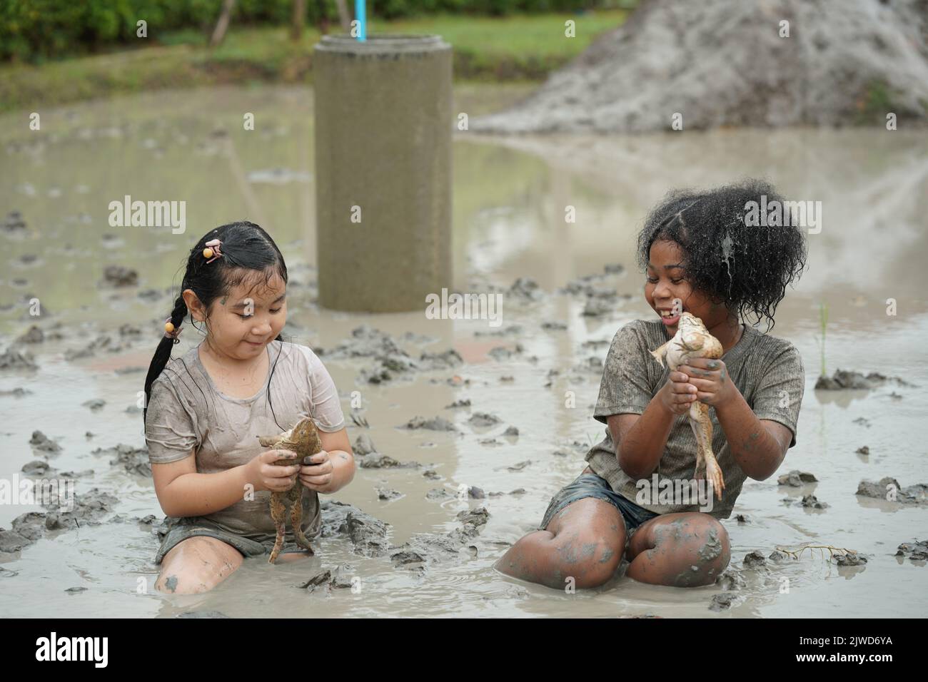Group of kids playing on muck in the raining day Stock Photo - Alamy