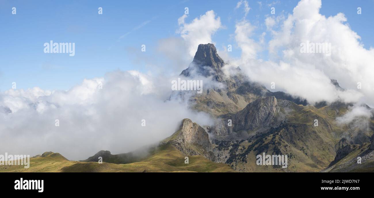 Fog, mist and clouds cover the mountains of the Pyrenees national park ...