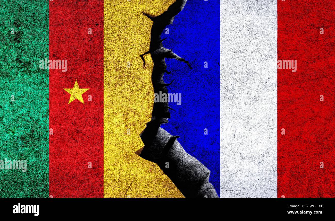 France vs Cameroon flags on a wall with crack. France Cameroon conflict ...