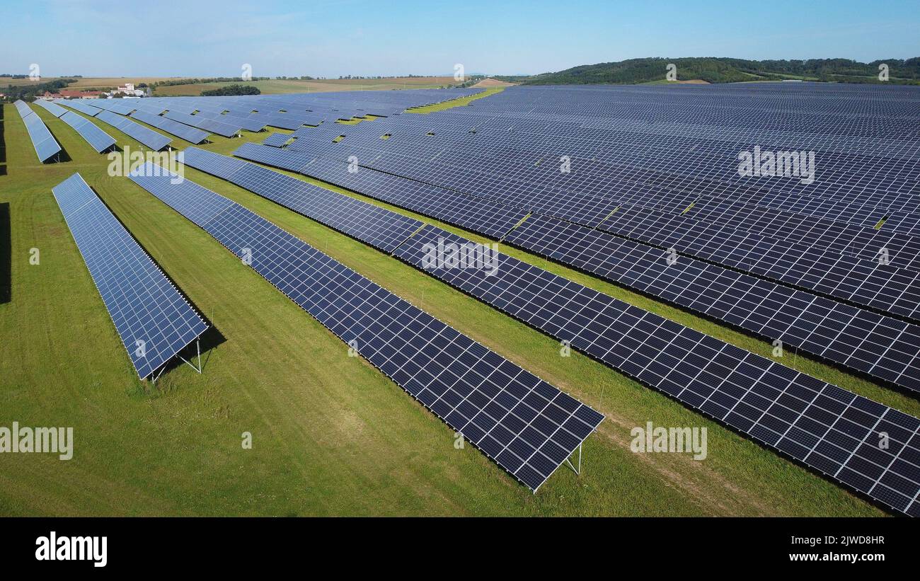 An aerial view of a photovoltaic power plant with an installed capacity ...
