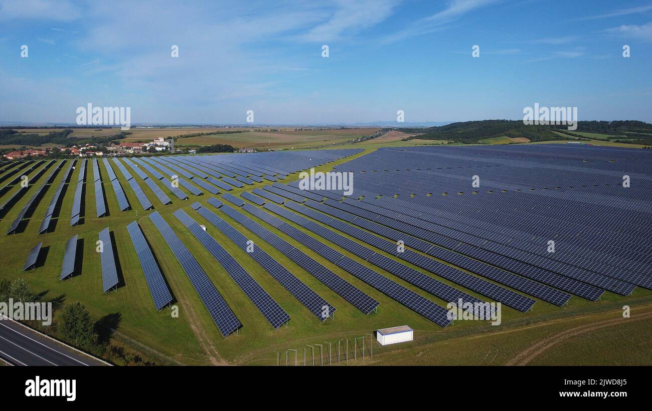 An aerial view of a photovoltaic power plant with an installed capacity ...