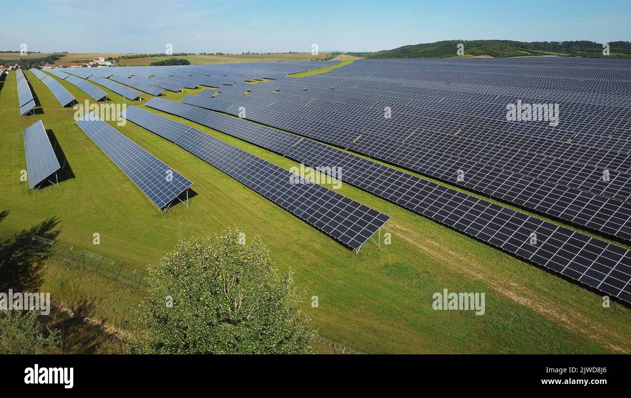 An aerial view of a photovoltaic power plant with an installed capacity ...