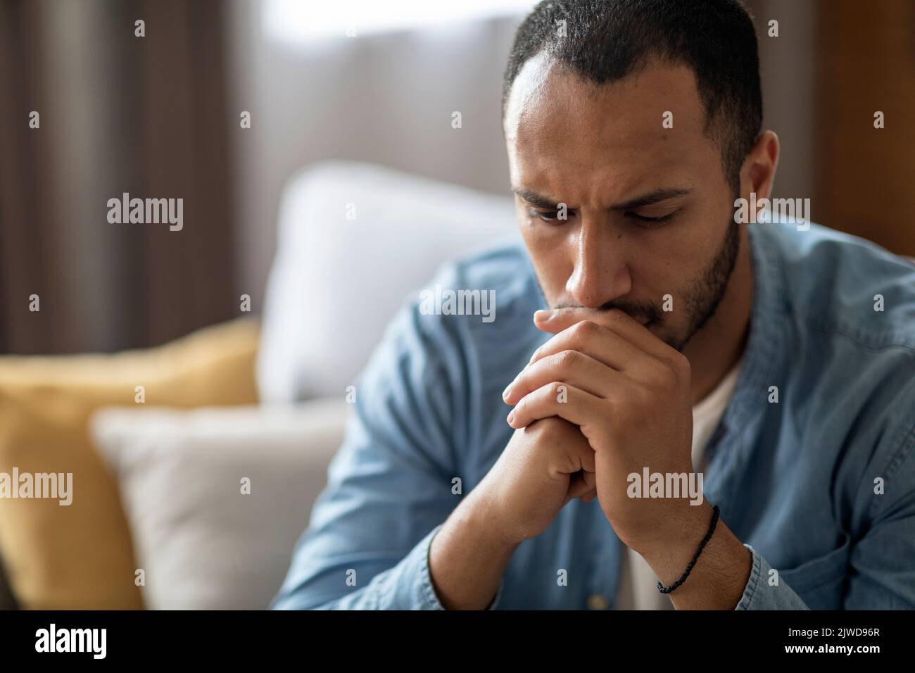 Closeup Portrait Of Thoughtful Young Black Man At Home Interior Stock ...
