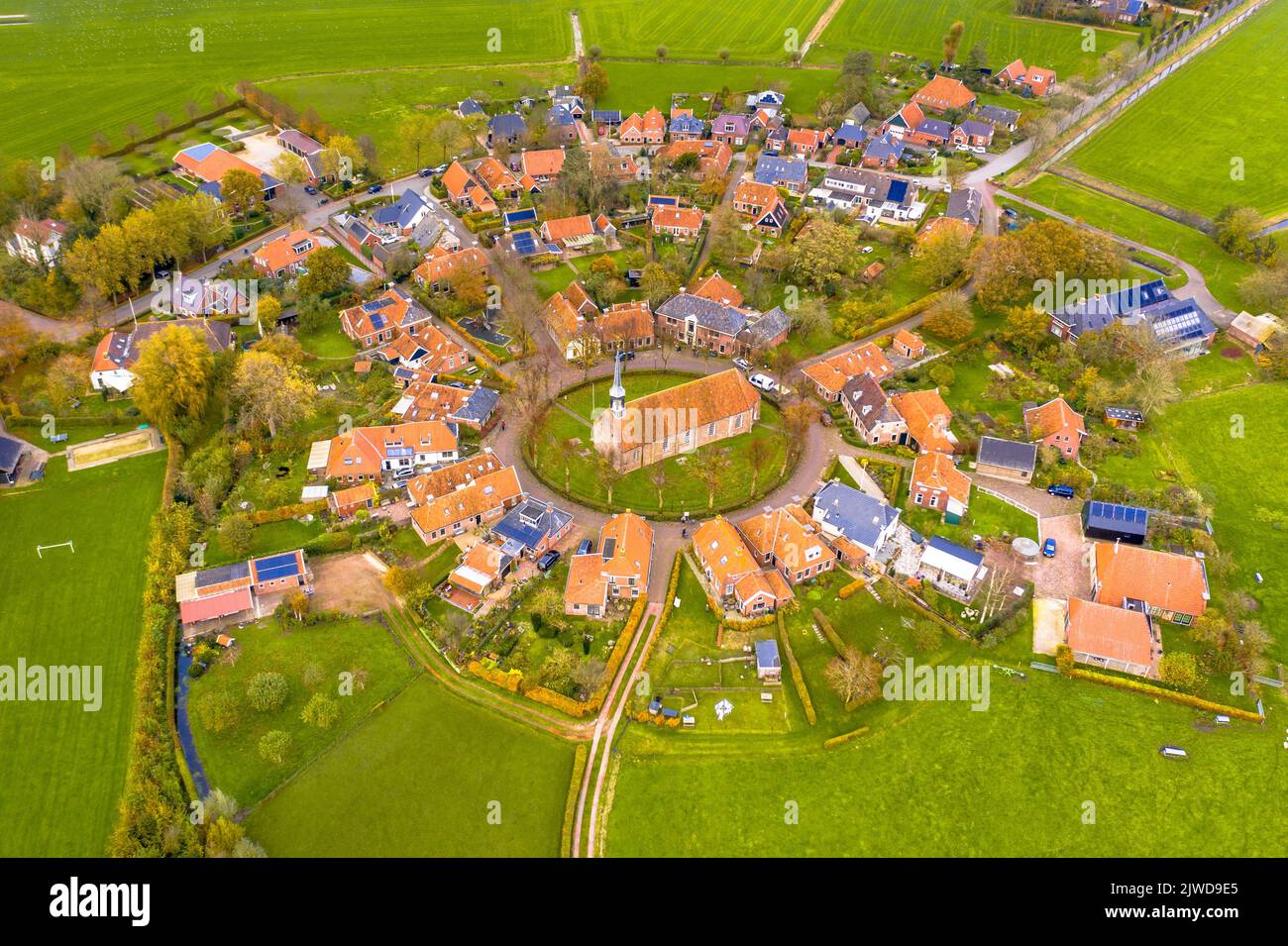 Aerial view of streets in hamlet of Niehove historical dwelling mound ...