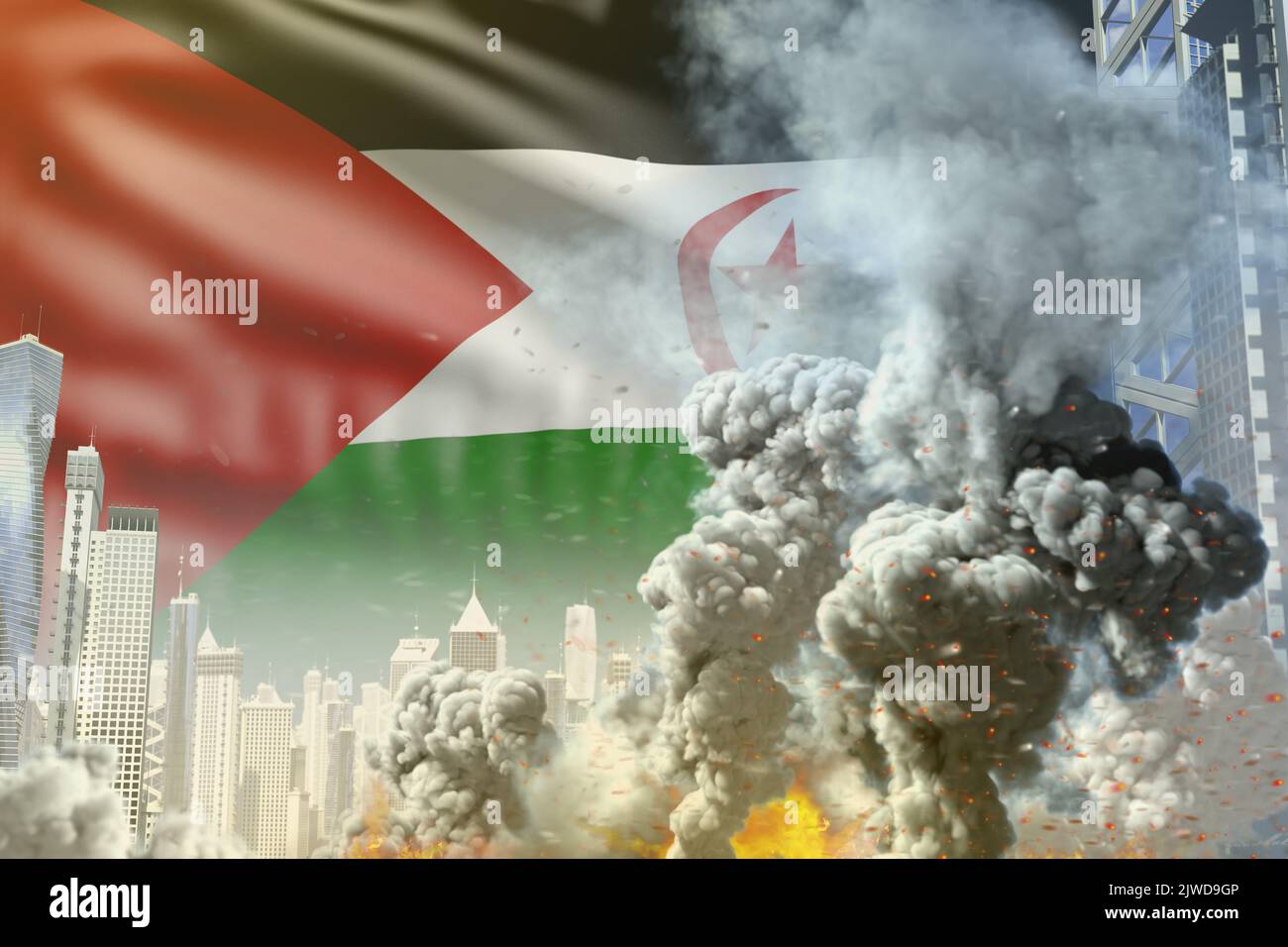 huge smoke pillar with fire in the modern city - concept of industrial ...