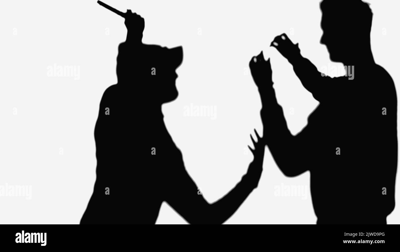 silhouette of criminal man with knife attacking stranger isolated on ...