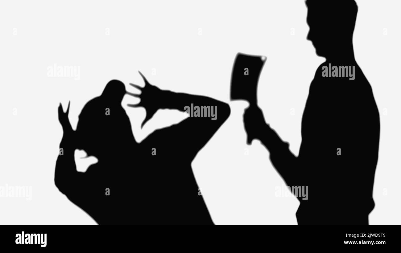 silhouette of maniac with cleaver attacking scared man isolated on ...