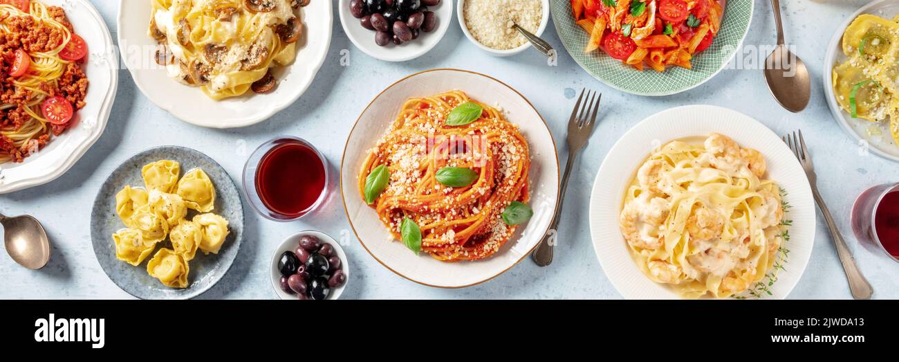 Pasta panorama. Assortment of Italian pastas, with spaghetti Bolognese ...