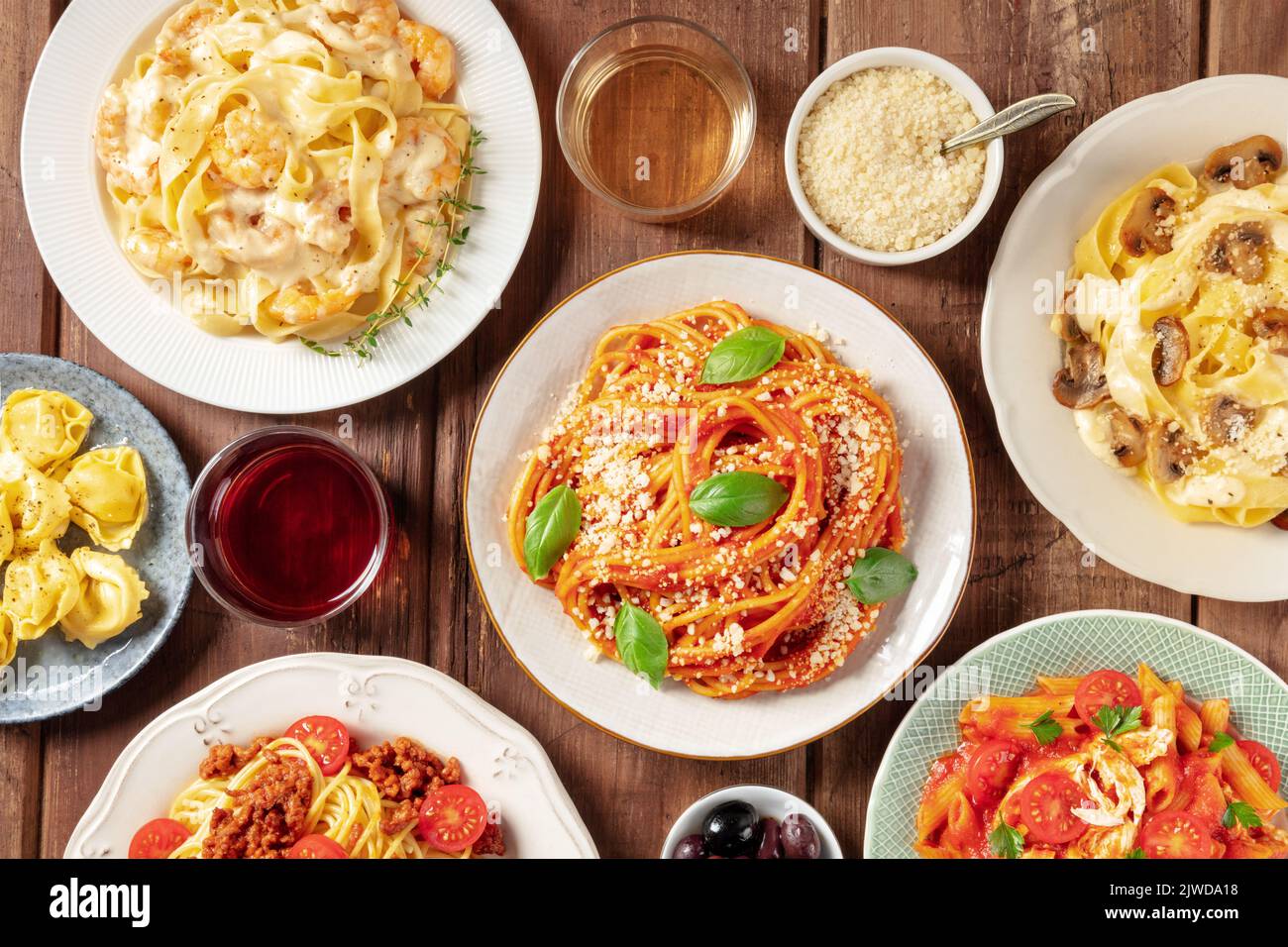 Pasta, many different varieties, overhead flat lay shot. Italian food ...