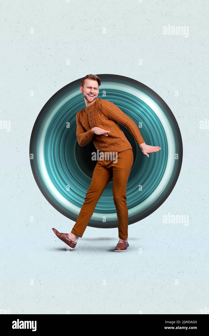 Vertical creative collage image of funky dancing man enjoying party ...