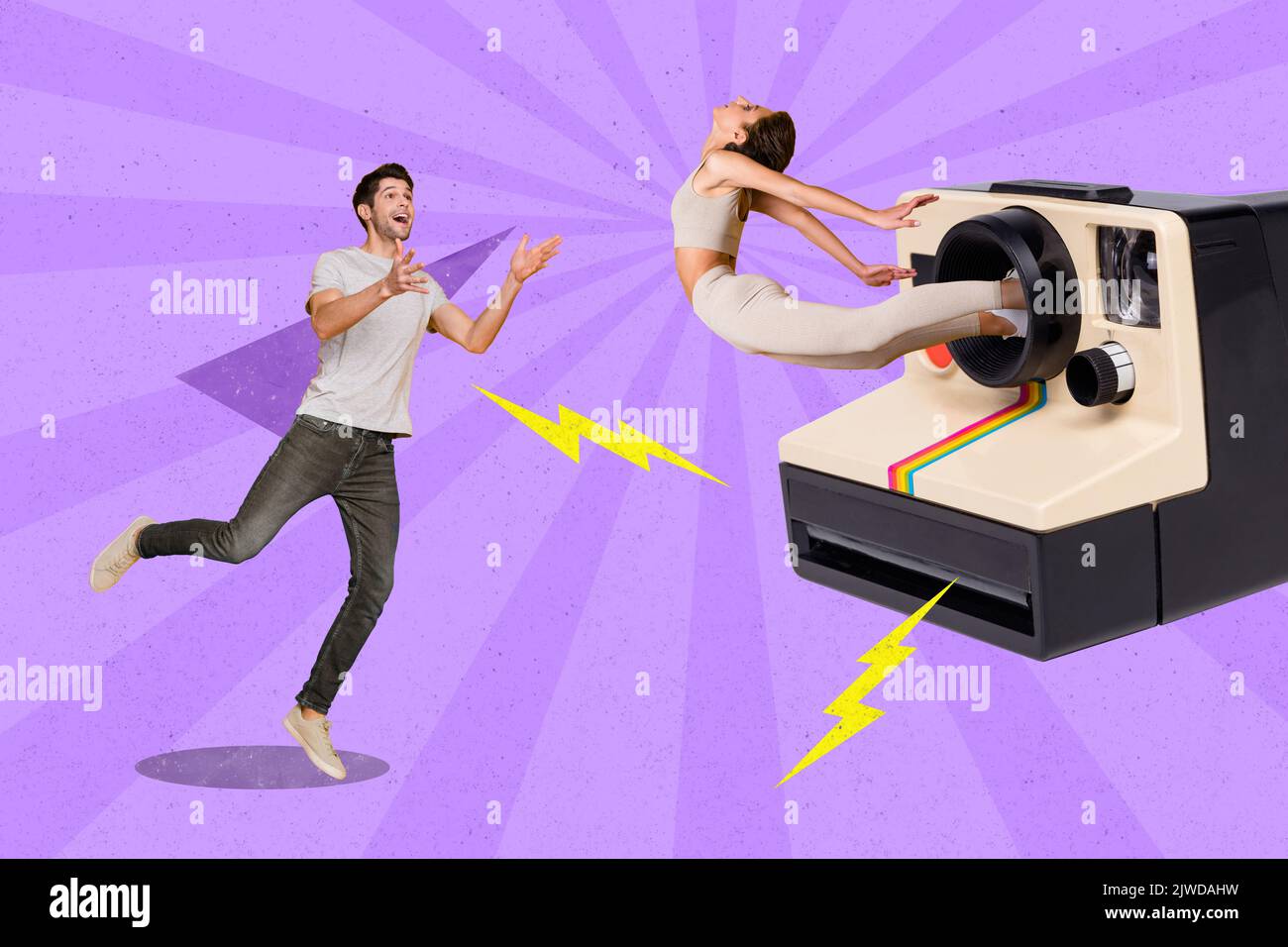 Exclusive minimal magazine collage of little man catching small woman ...