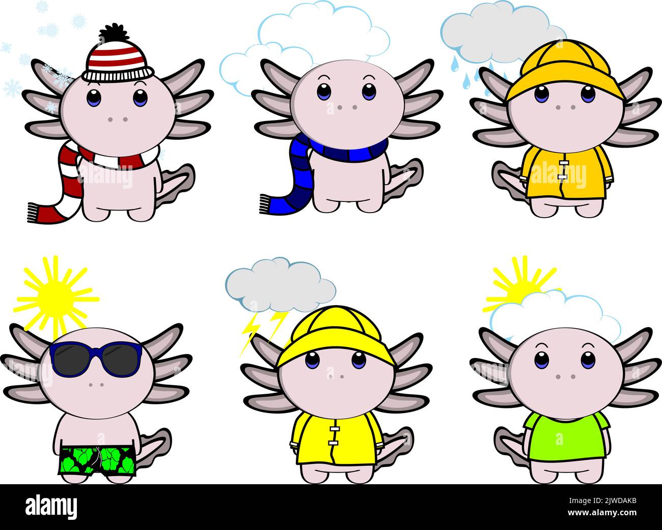 axolotl weather kawaii cartoon set collection illustration in vector ...