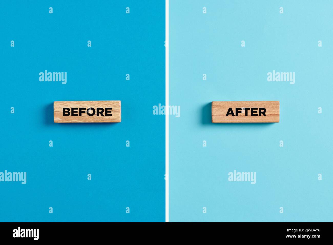 The words before and after on wooden blocks. Comparing before and after ...