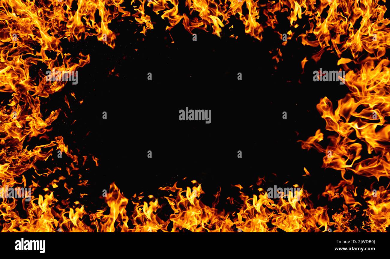 fire banner burning frame orange flame black night Stock Photo - Alamy