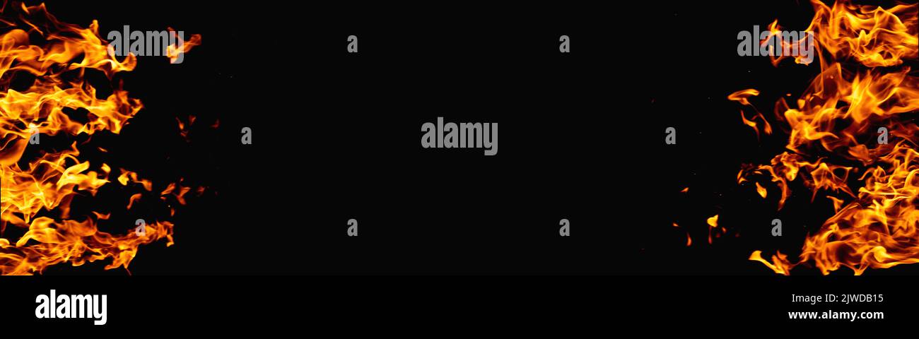 fire banner burning frame orange hot flame black Stock Photo - Alamy
