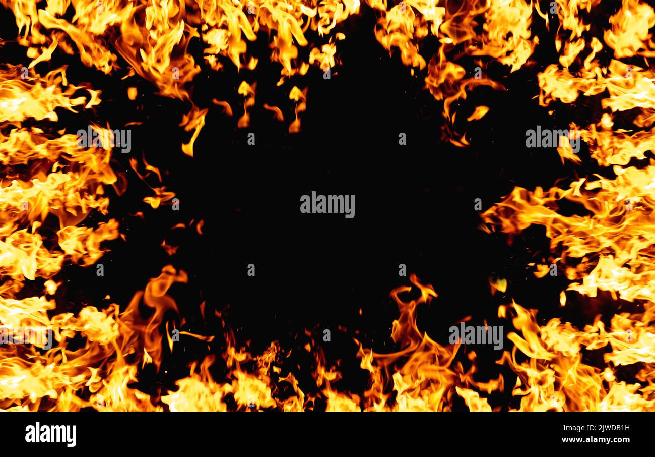 burning banner hot frame yellow fire flame black Stock Photo - Alamy