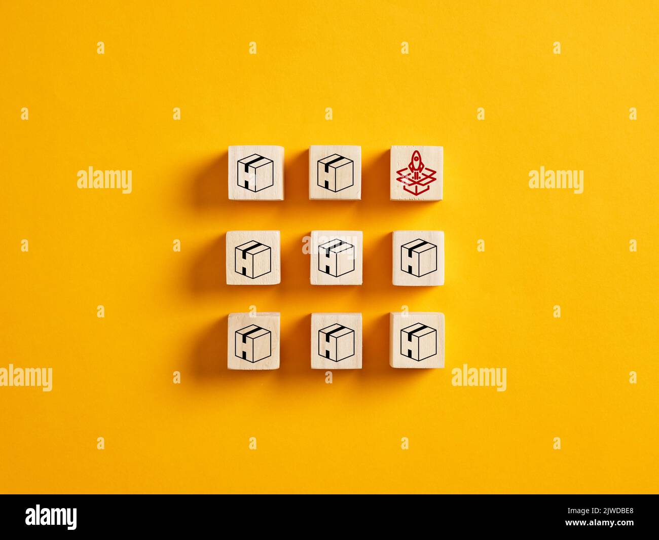 New product development, launching and innovation. Wooden cubes with ...