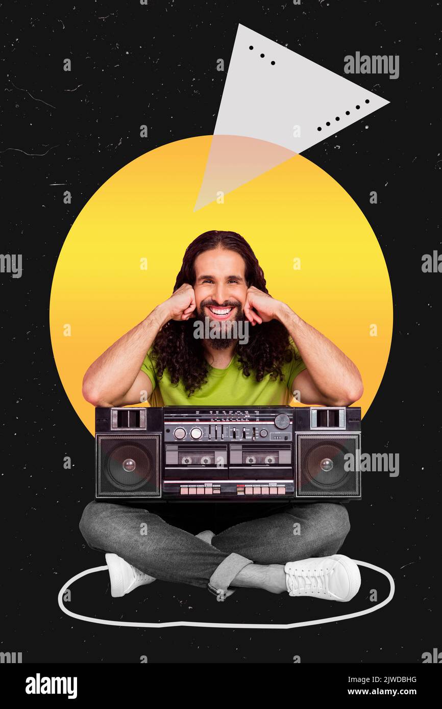Vertical photo collage of cheerful guy sit circle legs crossed boombox ...