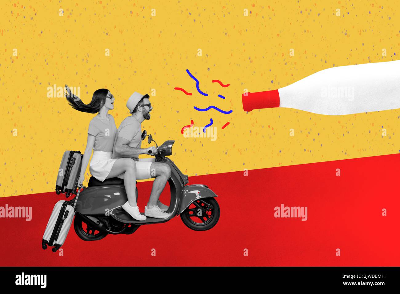 Creative collage photo of young happy couple pretty female guy hurry on ...