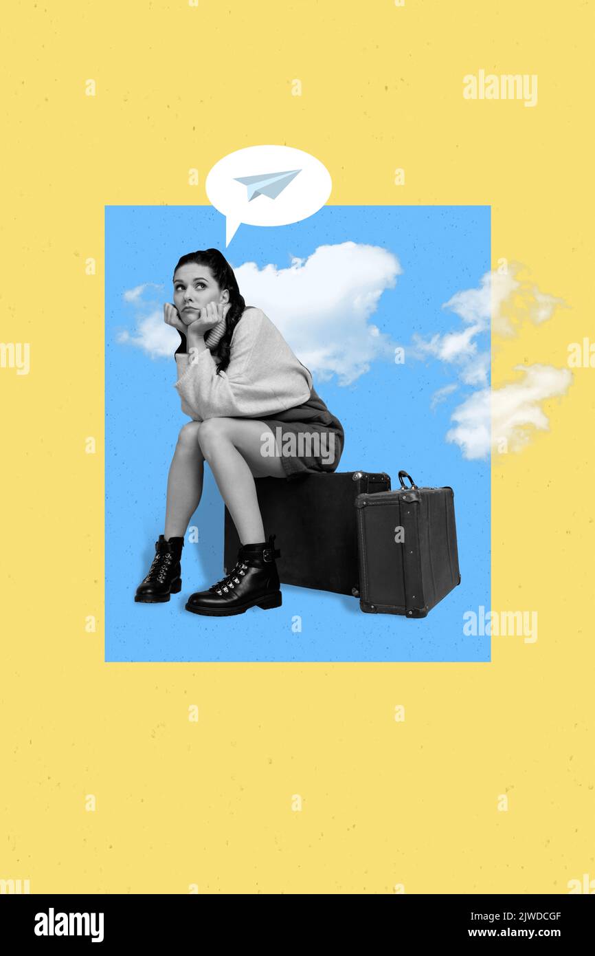 Vertical collage image of minded miserable girl black white effect sit ...