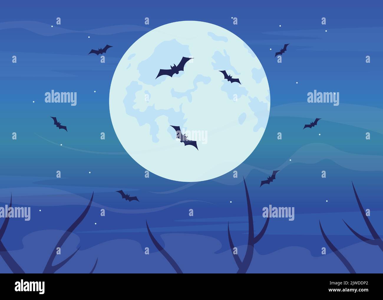 Bats flying in full moon flat color vector illustration Stock Vector ...