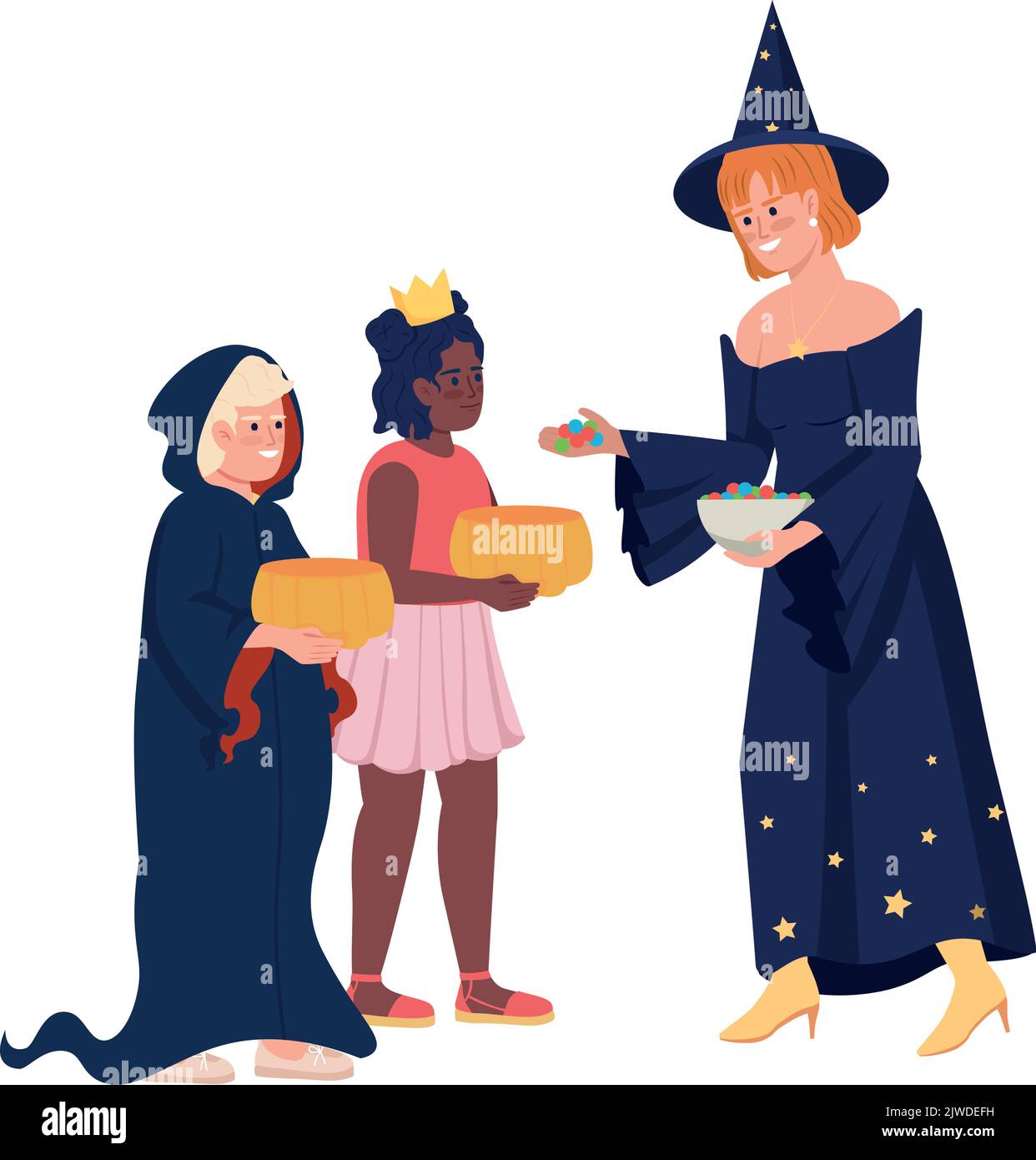 Woman giving candies to children semi flat color vector characters ...