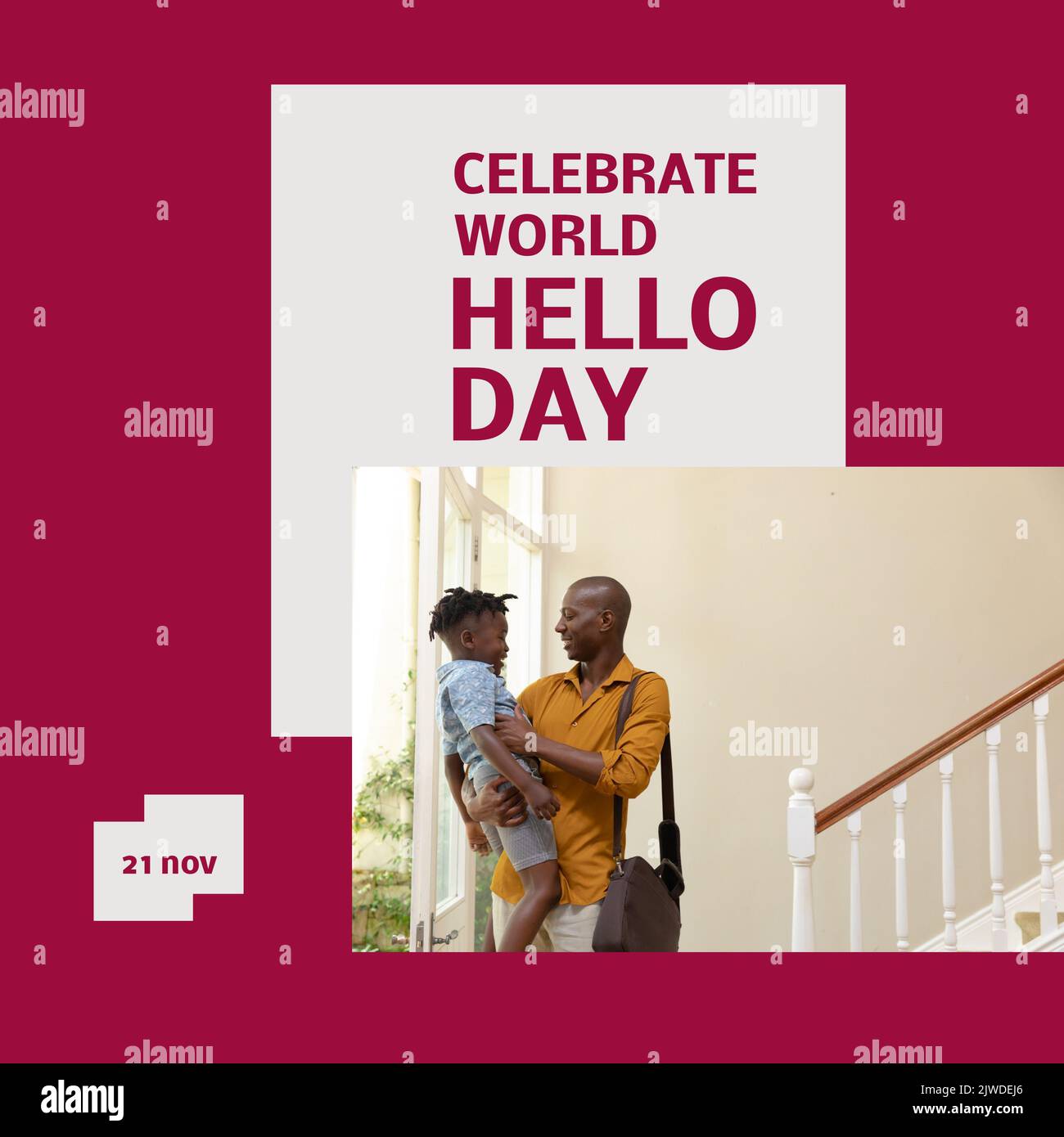 Composition of celebrate world hello day text with african american man ...