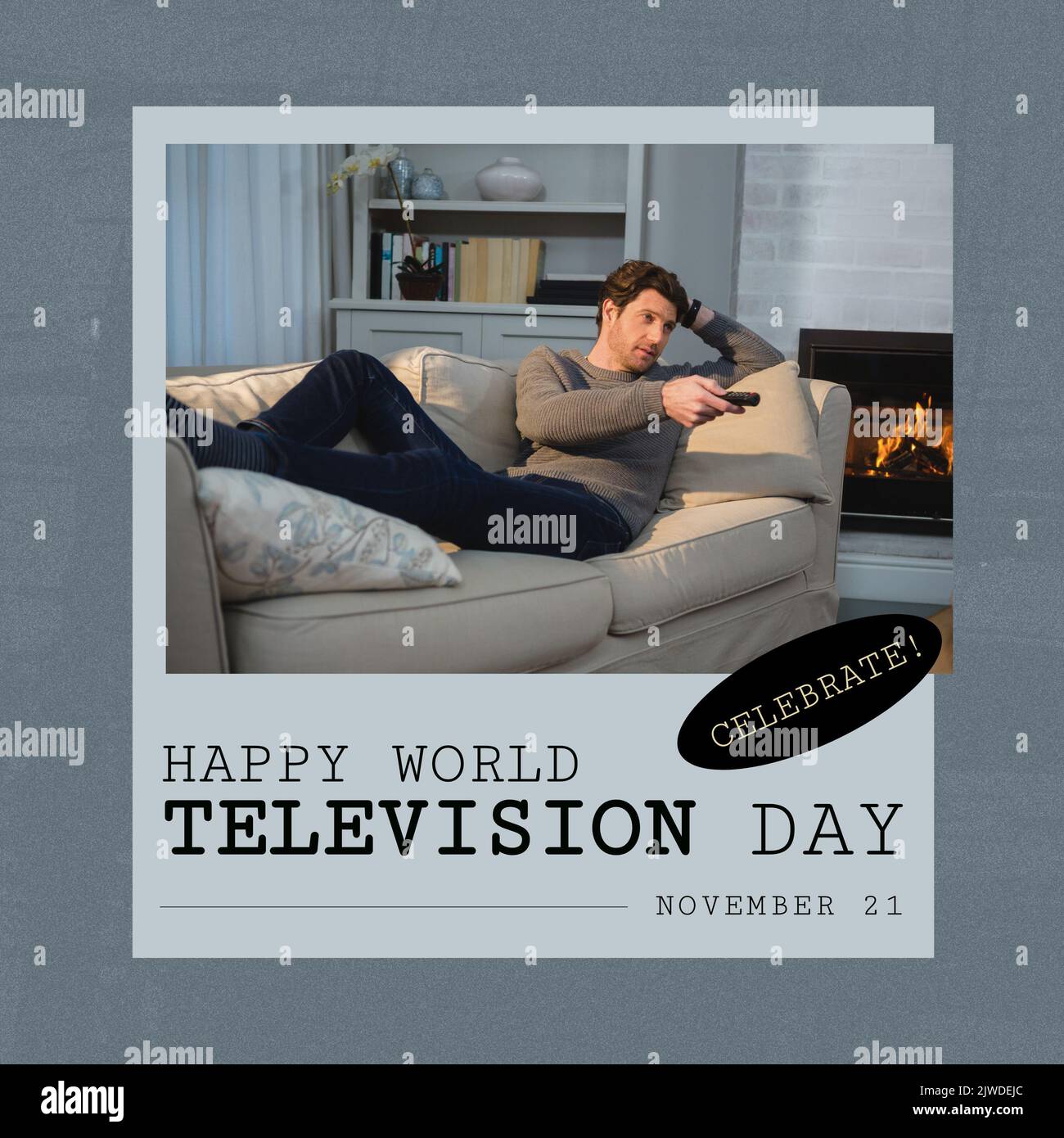Composition of happy world television day text with caucasian man ...
