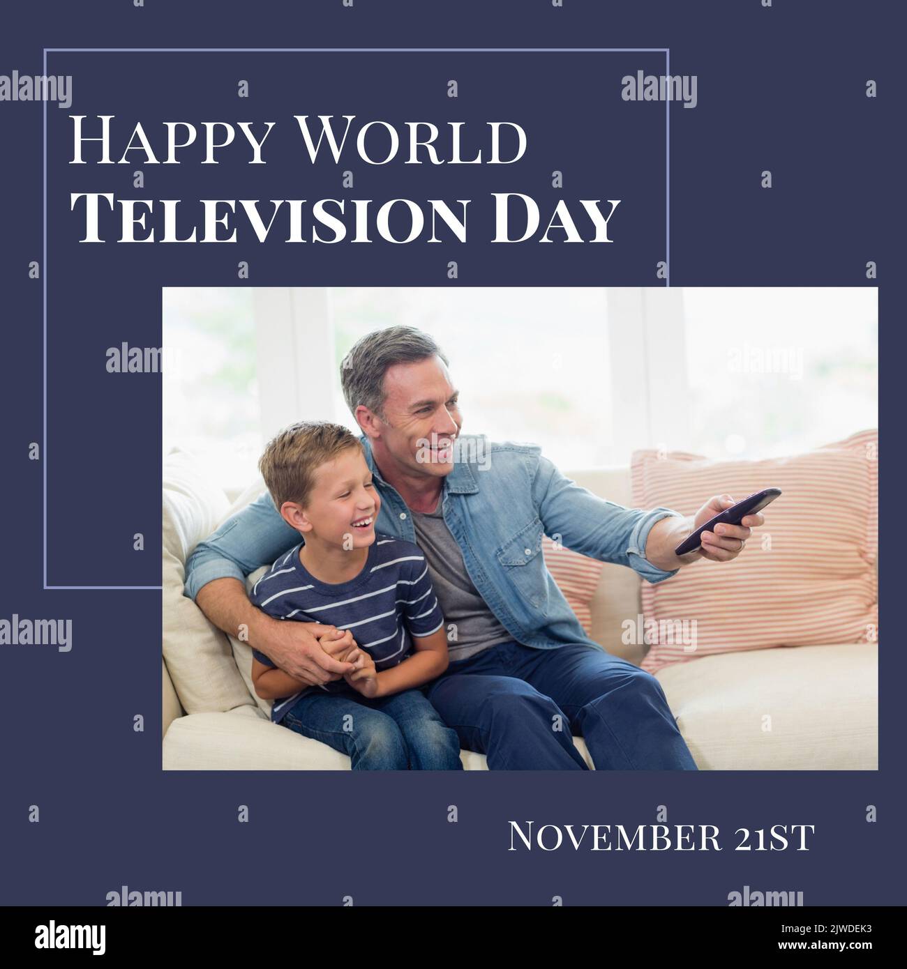 Composition of happy world television day text with caucasian man and ...