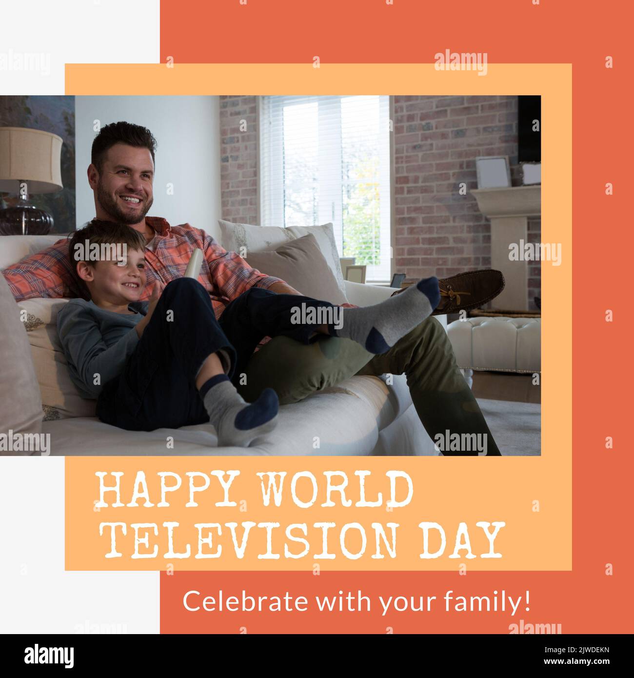 Composition of happy world television day text with caucasian man and ...