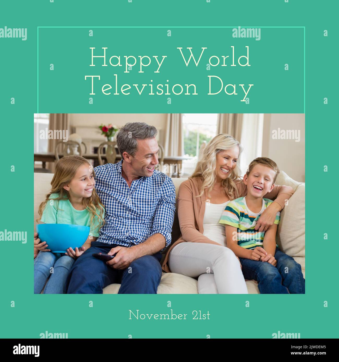 Composition of happy world television day text with caucasian family ...